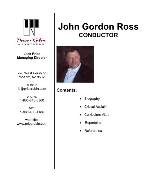 John Gordon Ross CONDUCTOR Contents - Pricerubin.com
