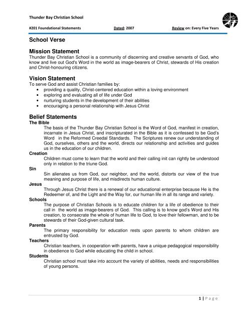 School Verse Mission Statement Vision Statement Belief Statements