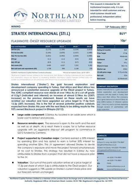 Broker note by Northland Capital Partners - Stratex International PLC