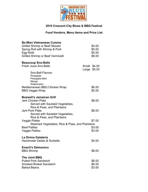 Food Vendors with Menu Items and Prices
