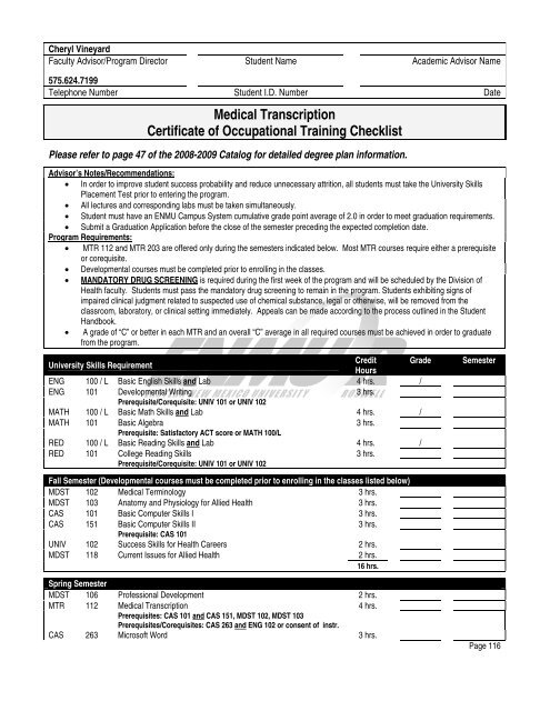 Medical Transcription Certificate of Occupational Training Checklist
