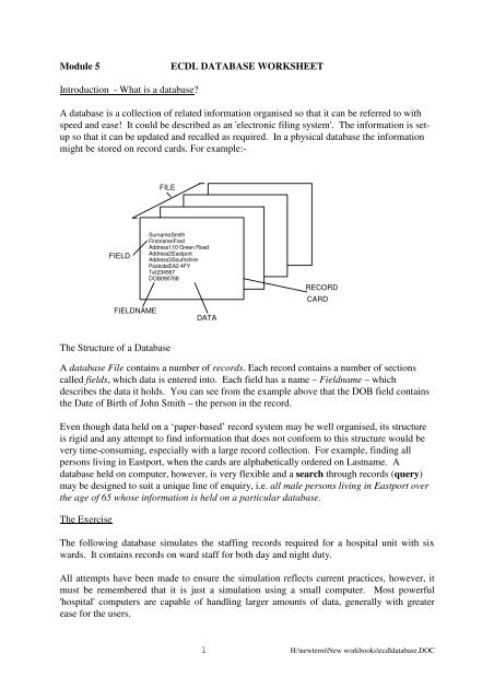 1 Module 5 ECDL DATABASE WORKSHEET Introduction - What is a ...
