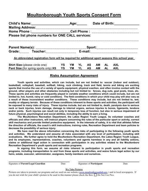 Youth Sport Consent Form 2012