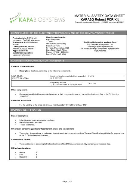 MATERIAL SAFETY DATA SHEET KAPA2G Robust PCR Kit