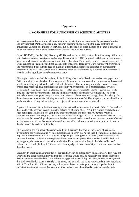 Appendix A A Worksheet For Authorship of Scientific Articles - Iemr.org