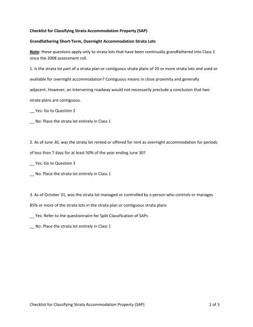 Checklist for Classifying Strata Accommodation ... - BC Assessment