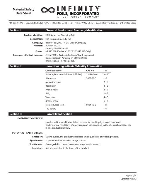 Material Safety Data Sheet - Infinity Foils