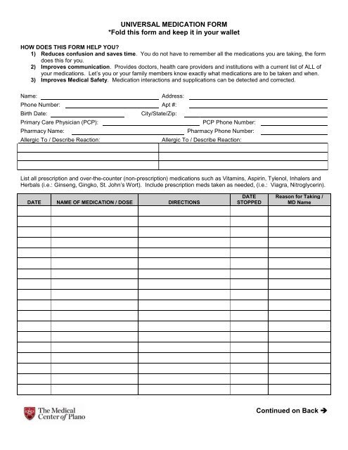 Fillable Universal Medication Form - Printable Forms Free Online