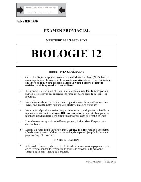 BIOLOGIE 12 - QuestionBank.CA