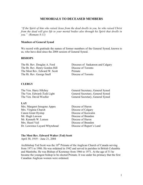 memorials to deceased members - the Anglican Church of Canada