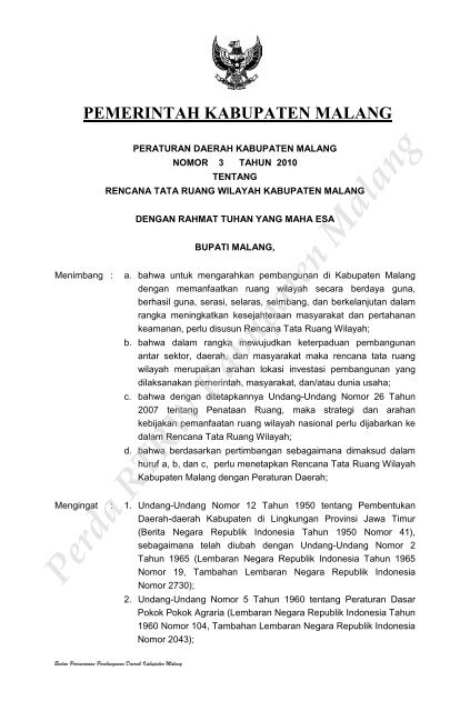 Perda RTRW Kabupaten Malang - Ditjen Cipta Karya