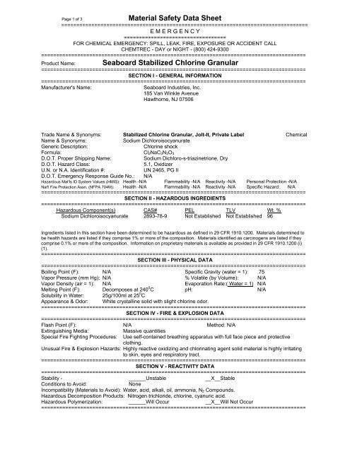 Material Safety Data Sheet Seaboard Stabilized Chlorine Granular