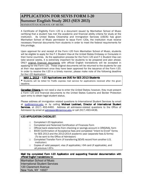 Application for Sevis Form I-20 - Manhattan School of Music