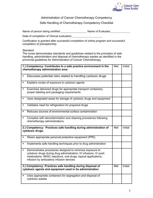Administration of Cancer Chemotherapy Competency Safe Handling ...