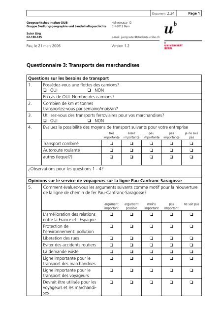 Questionnaire 3: Transports des marchandises