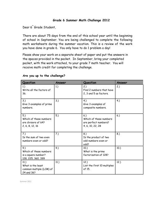 Grade 6 Summer Math Challenge 2012 Dear 6th Grade Student ...