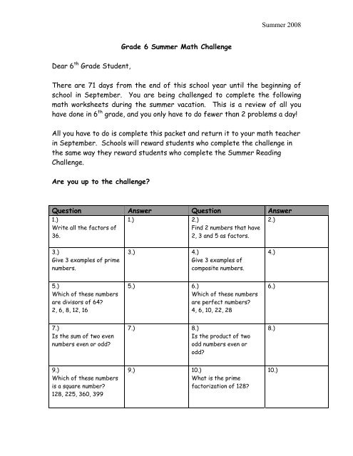 Grade 6 Summer Math Challenge - Brockton Public Schools
