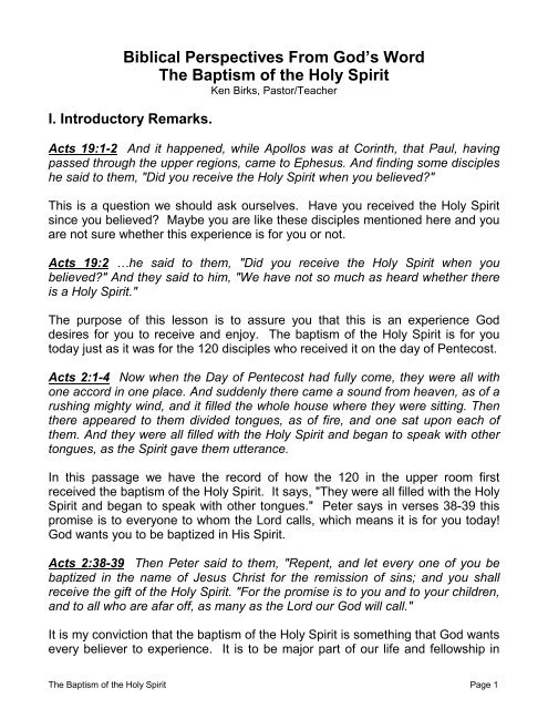 Biblical Perspectives From God's Word The Baptism of the Holy Spirit
