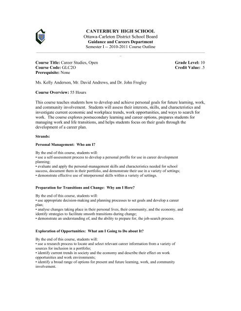 Grade 10 Career Studies, GLC2O - Canterbury High School