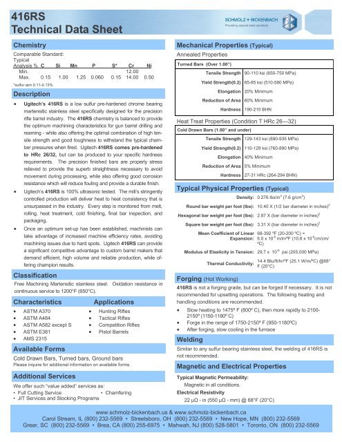 416RS Technical Data Sheet - SCHMOLZ-BICKENBACH.US