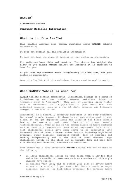 RANSIM What is in this leaflet What RANSIM Tablet is ... - Ranbaxy