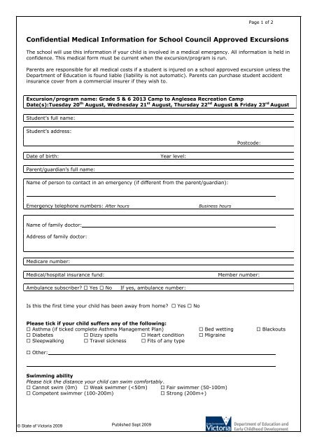 Medical Form - Hawthorn West Primary School