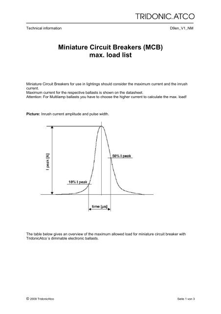 Miniature Circuit Breakers (MCB) max. load list - Tridonic