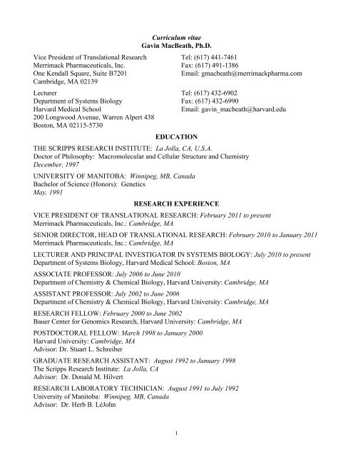 Curriculum vitae Gavin MacBeath, Ph.D. Vice ... - Harvard University