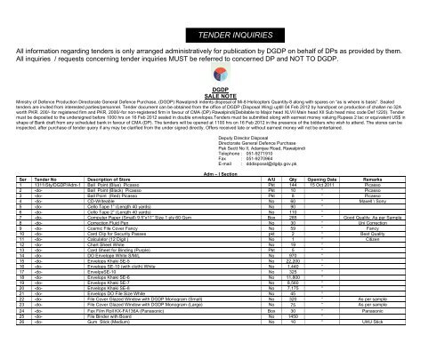 TENDER INQUIRIES - Directorate General Defence Purchase