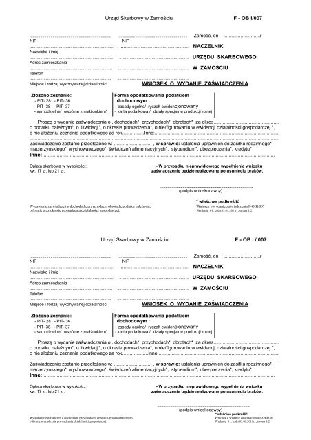 Wniosek o wydanie zaÅ wiadczenia o dochodach, przychodach ...