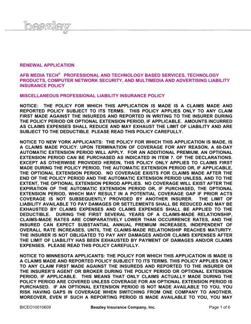 Renewal Application; AFB Media Tech - Beazley