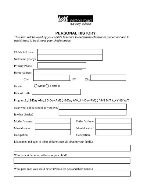 Personal History Form - Winton Road Nursery School