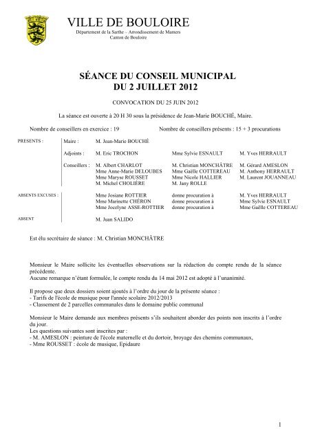 CONSEIL MUNICIPAL SEANCE du jeudi 31 janvier 2013 à 20h30