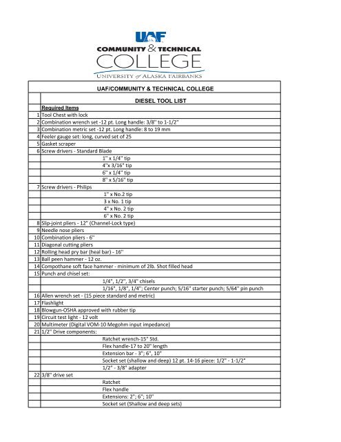 Required Tool List - UAF Community and Technical College