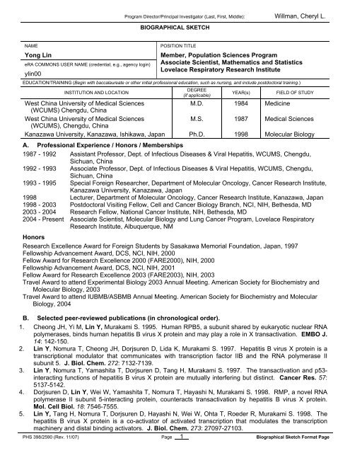 a complete NIH biosketch - UNM Cancer Center
