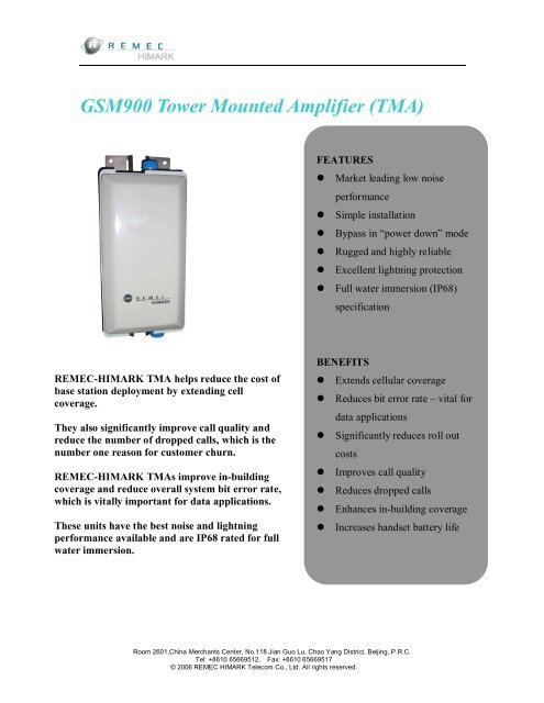 GSM900 Tower Mounted Amplifier (TMA) - CVCOMMS.com