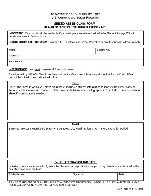 U.S. Customs and Border Protection SEIZED ASSET CLAIM ... - Forms
