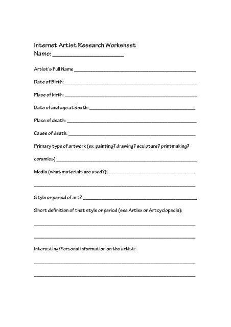 Internet Artist Research Worksheet