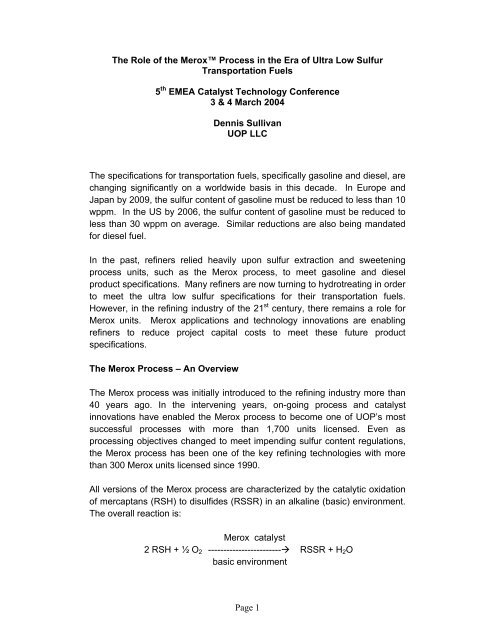 The Role of the Merox Process in the Era of Ultra Low Sulfur - Uop