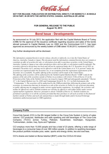 Bond Issue - Developments - Coca Cola İçecek