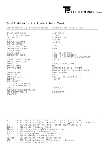 Produktdatenblatt / Product Data Sheet - TR Electronic