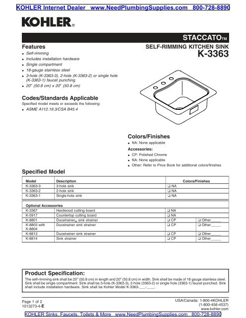 Kohler Specification Sheets