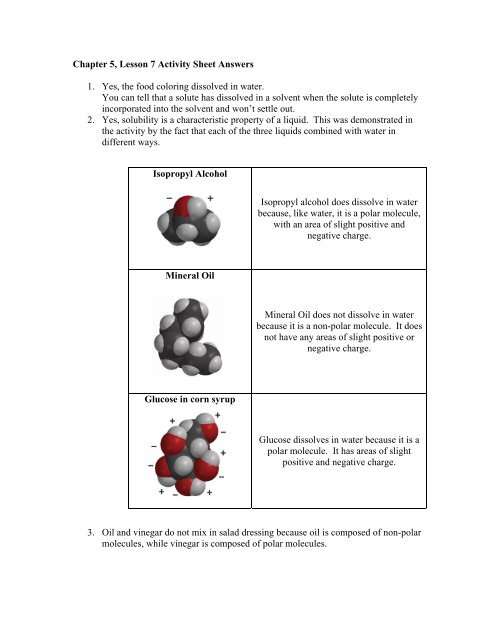 Activity Sheet Answers - Middle School Chemistry