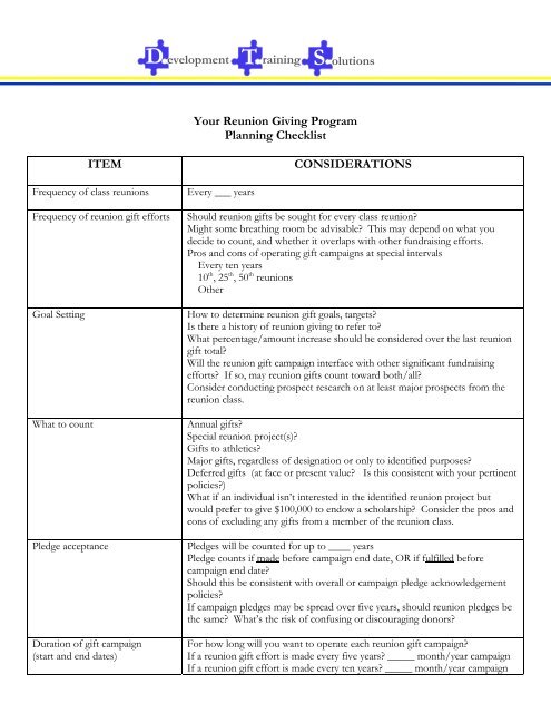 Your Reunion Giving Program Planning Checklist ITEM ...