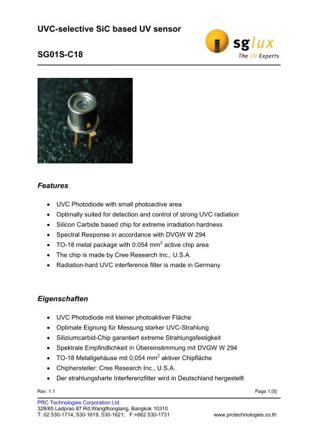 UVC-selective SiC based UV sensor SG01S-C18 - Prctechnologies ...