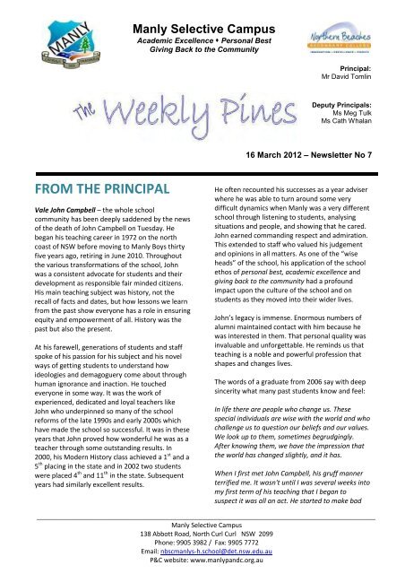 FROM THE PRINCIPAL - Manly Selective Campus