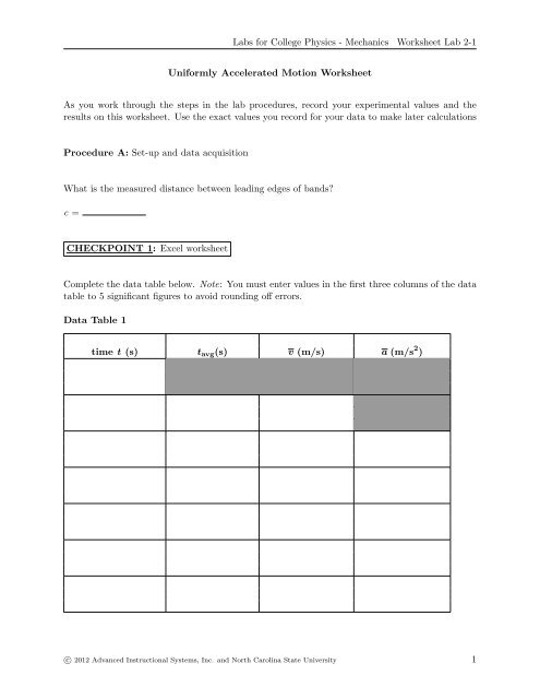 Labs for College Physics - Mechanics Worksheet Lab 2 ... - WebAssign