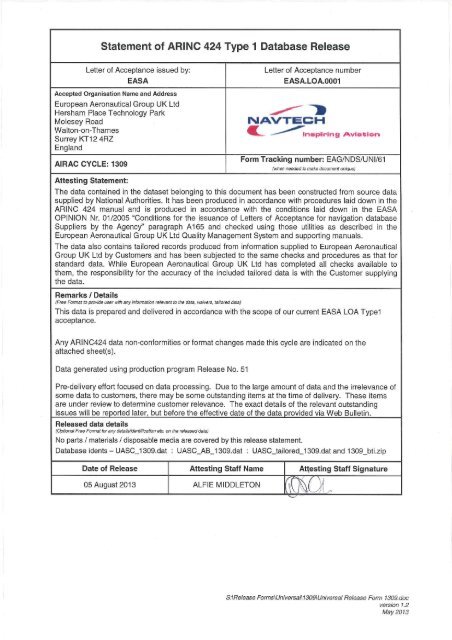 Statement of ARINC 424 Type 1 Database Release - Universal ...