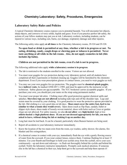 Chemistry Laboratory: Safety, Procedures, Emergencies - Tacoma ...