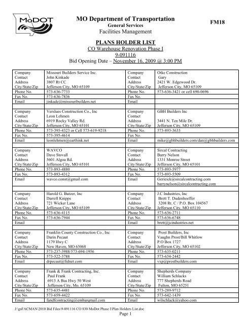 PLANS HOLDER LIST - Missouri Department of Transportation